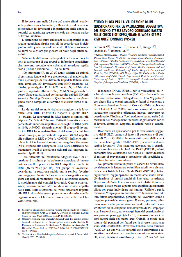 Work Stress Risk Questionnaire (WSRQ): SIPISS conduce uno studio pilota ...